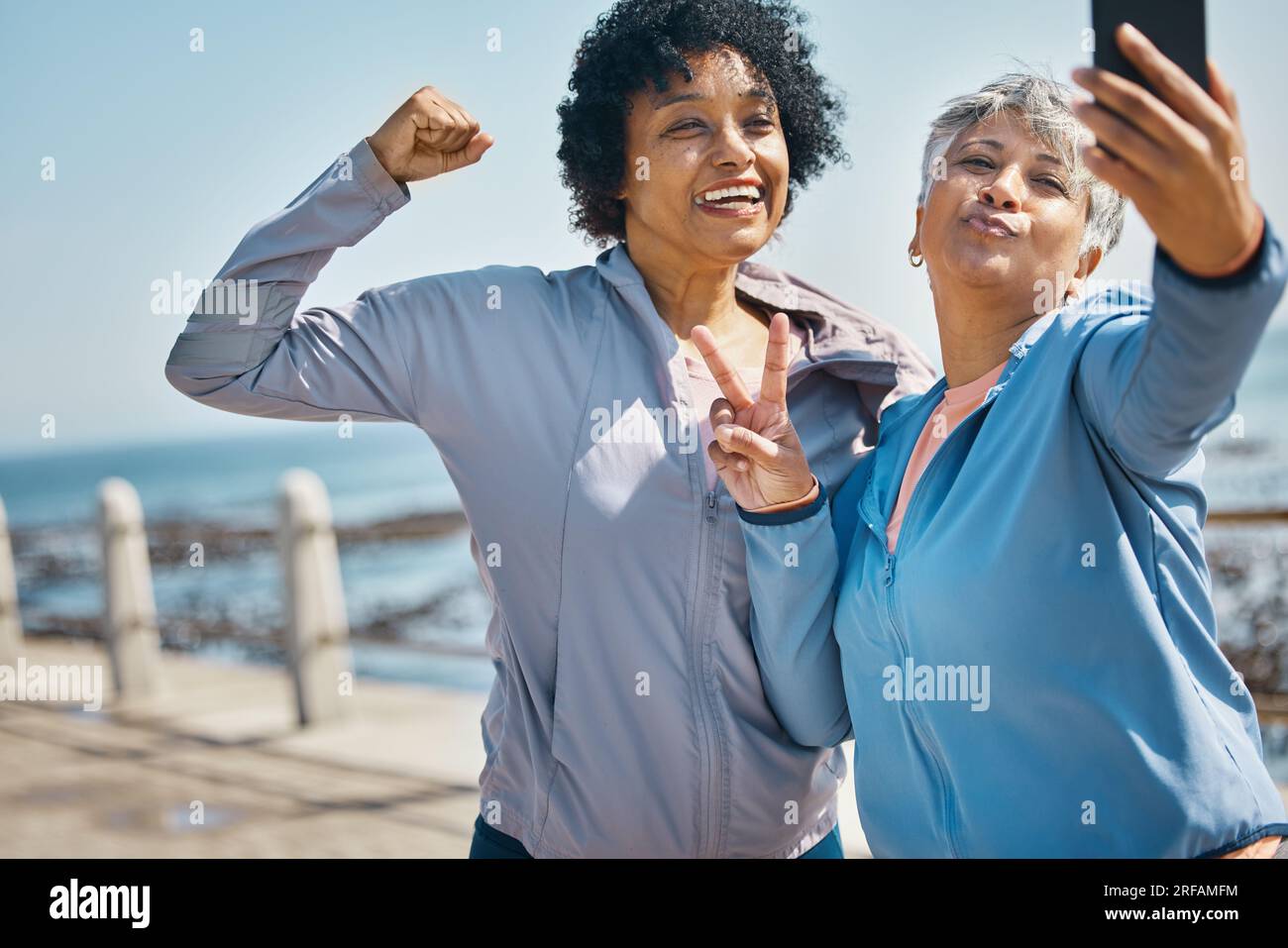 Mature women, friends and outdoor for peace selfie with fitness ...