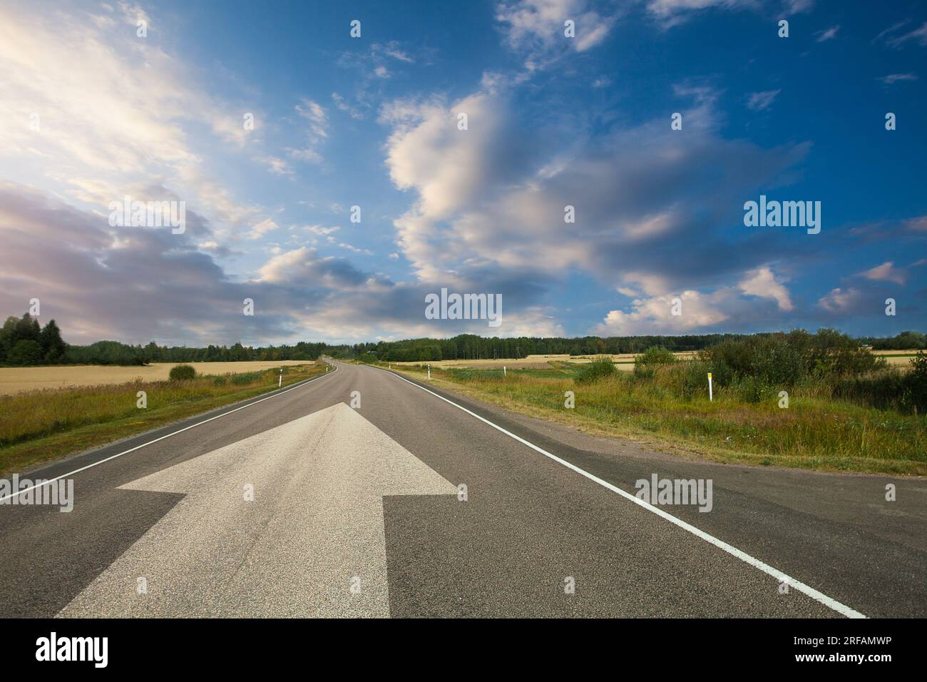 Asphalt road with arrow in country side. Road with field, blue sky and ...