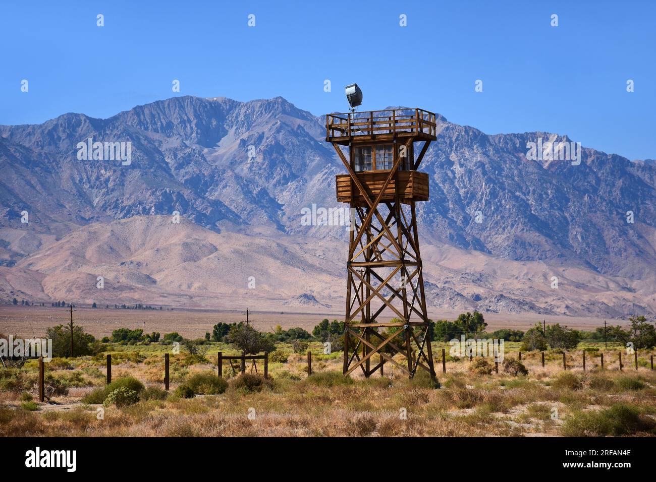 sentry tower on the perimeter of the incarceration camp of manzanar, near lone pine, california ...