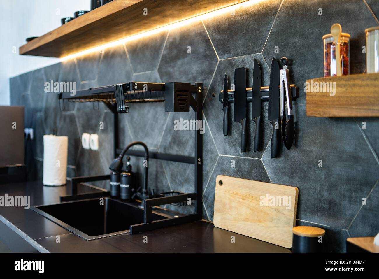 Modern luxury black and white kitchen in high tech style Stock Photo ...