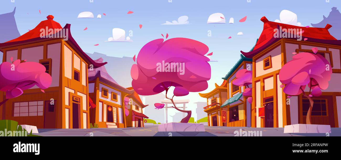 Sakura and buildings on city street in China or Japan. Chinese town ...