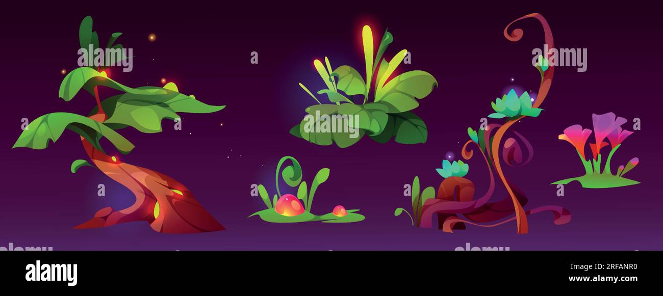 Fantasy plant for magic forest cartoon game vector set. Alien planet ...