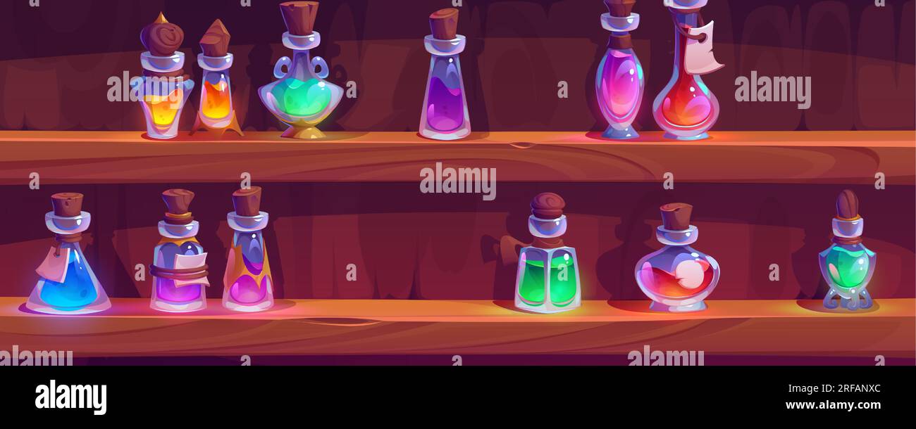 Magic bottle with potion on lab shelf game vector cartoon illustration ...