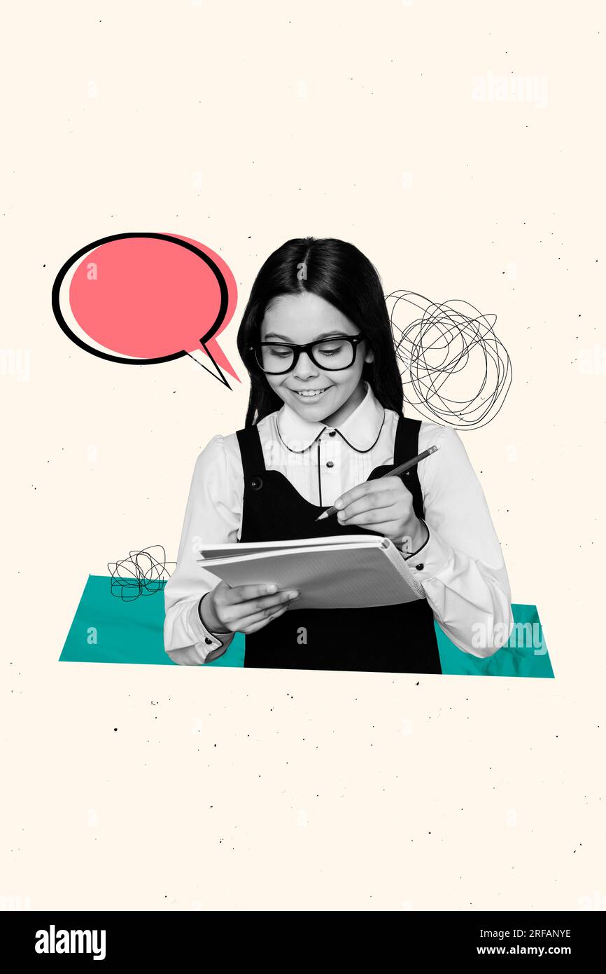 Vertical creative composite photo collage of diligent clever schoolgirl ...