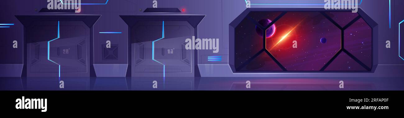 Futuristic metal spaceship interior with door and window background. 2d ...