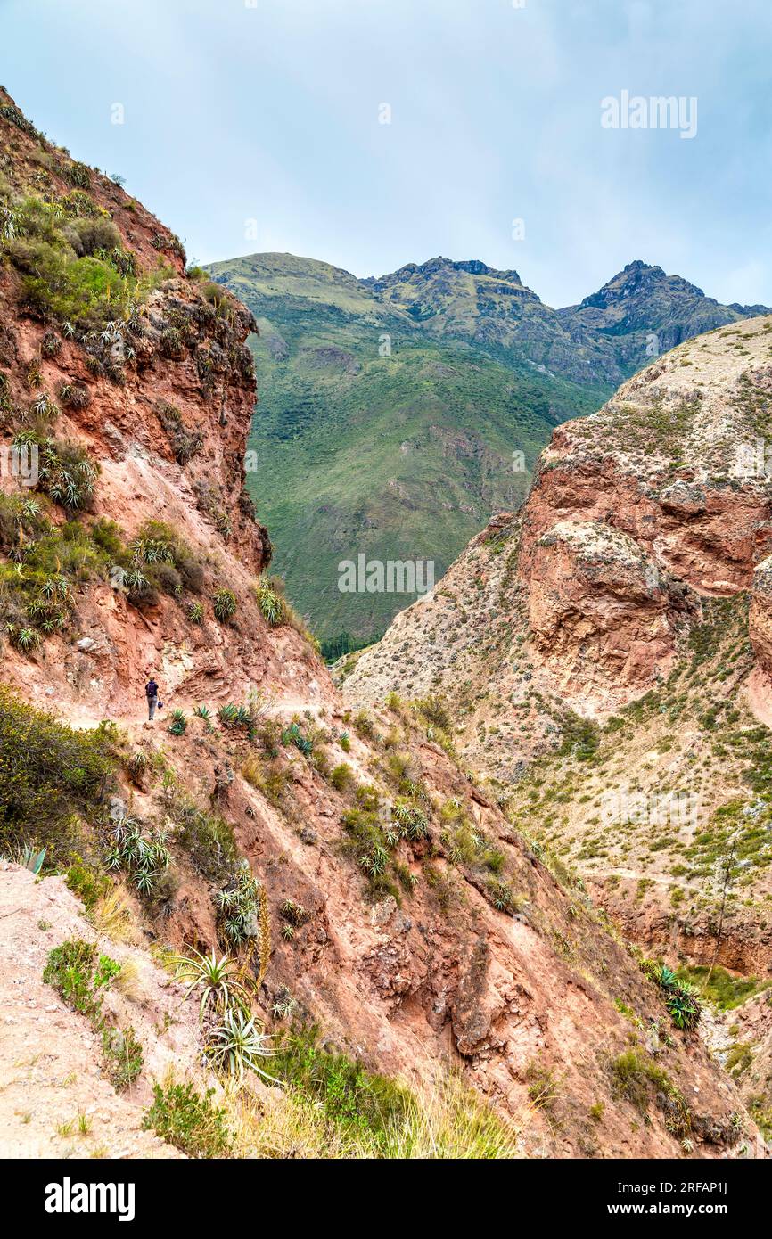 Red, dry landscape along a trail from Salinas de Maras, Sacred Valley ...