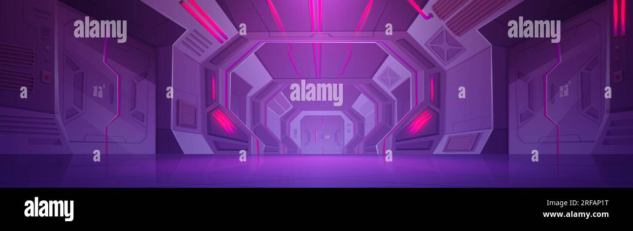 Futuristic corridor with closed gates and red alarm lights on walls and ...