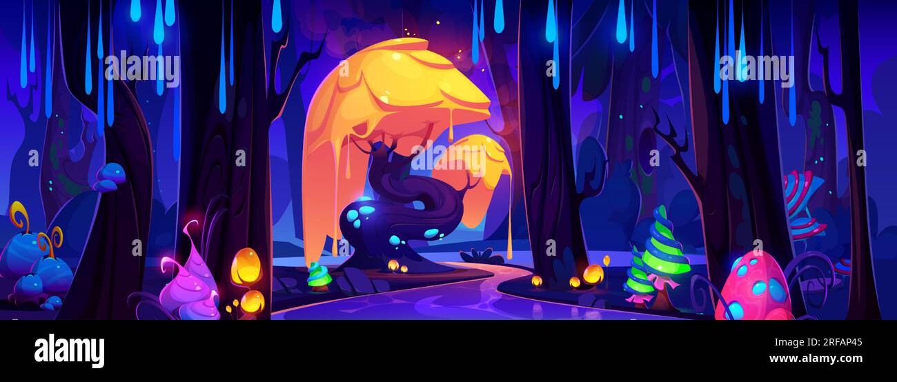 Fantasy forest with magic tree and mushroom cartoon vector game ...
