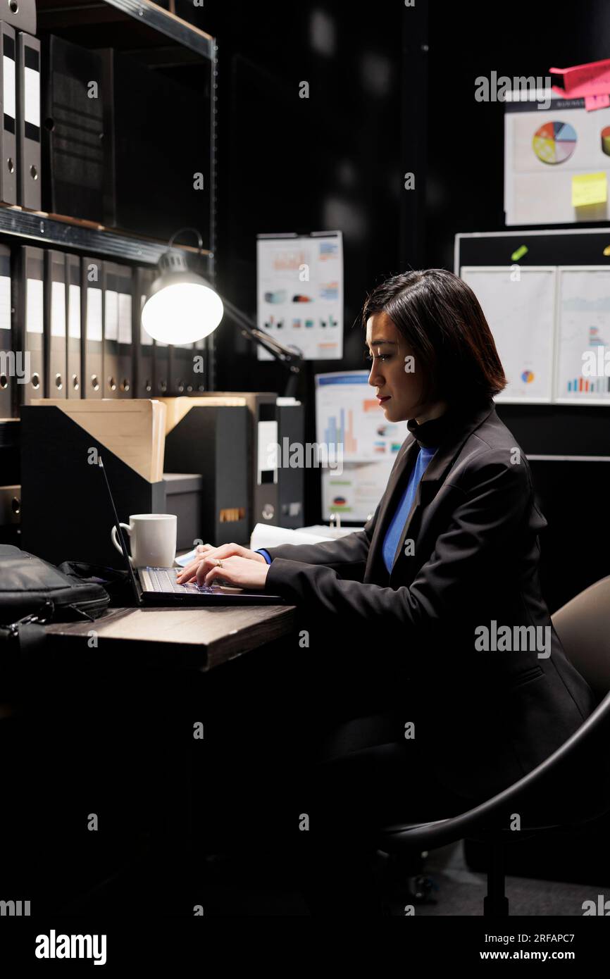 Professional administration businesswoman inserting bookkeeping ...