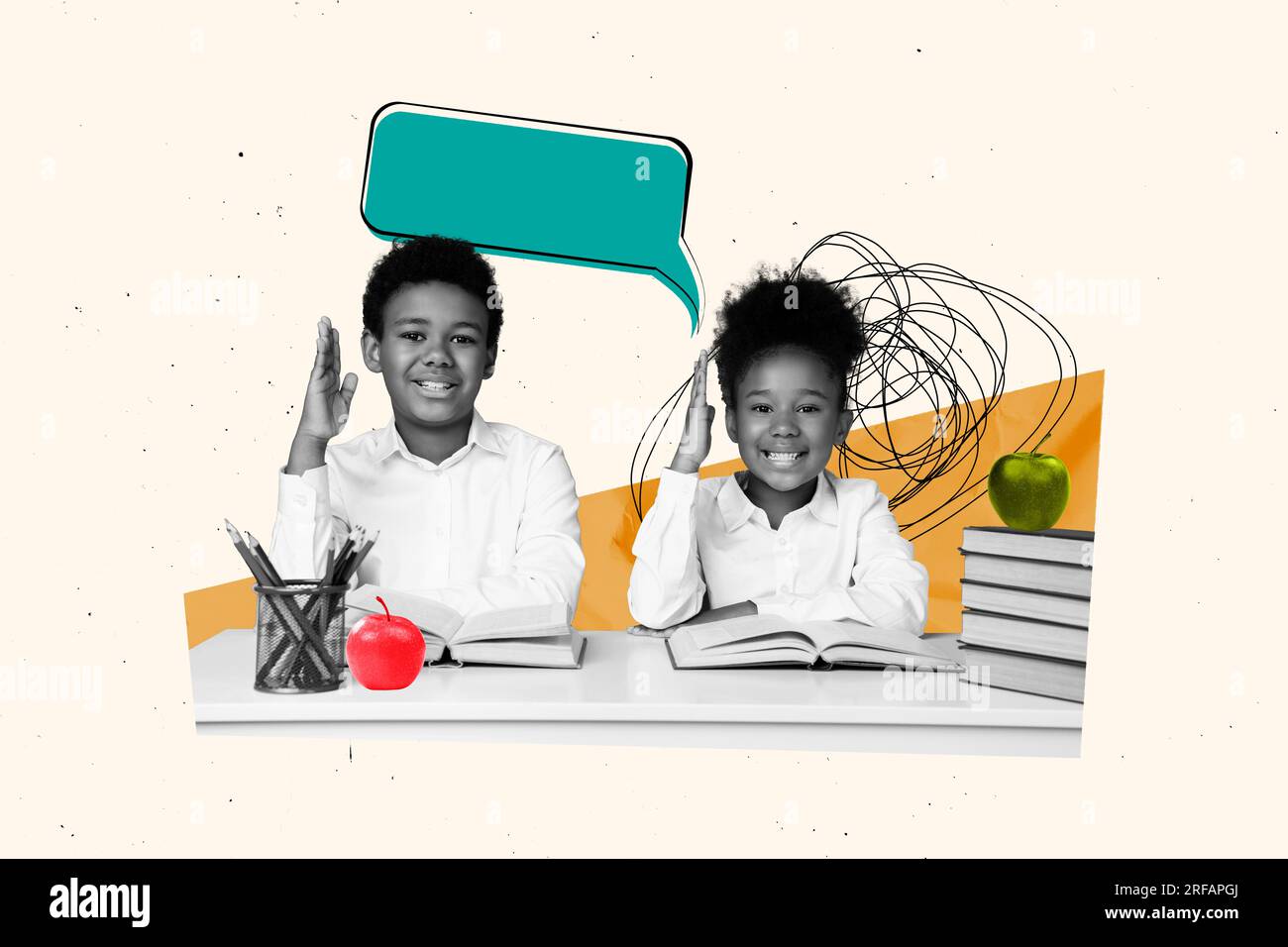 Composite photo collage illustration template classroom raise hands up ...