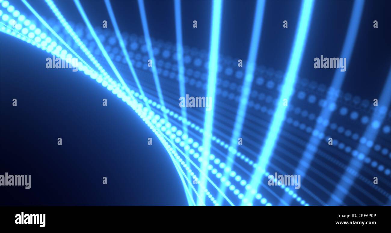 Abstract blue waves from lines and dots of particles of glowing swirling futuristic hi-tech with ...