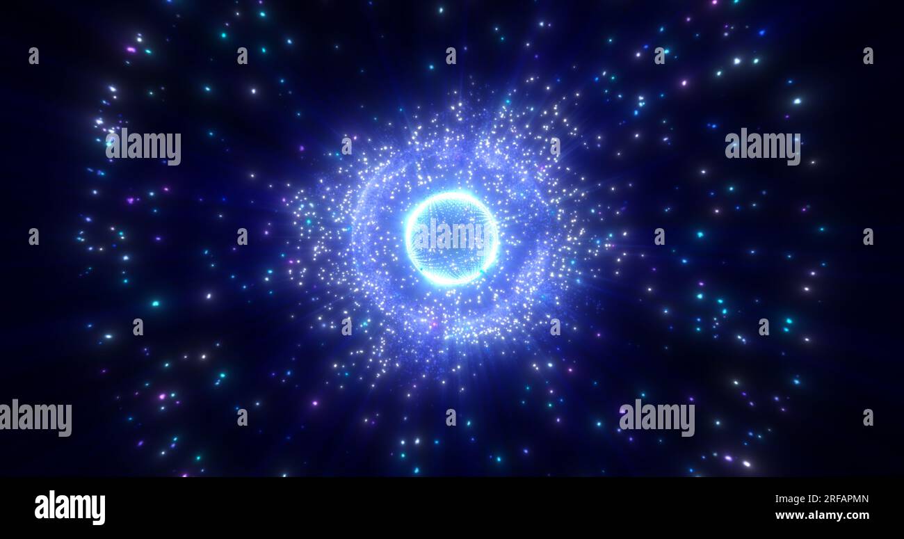 Abstract round blue sphere glowing energy magic molecule with atoms ...