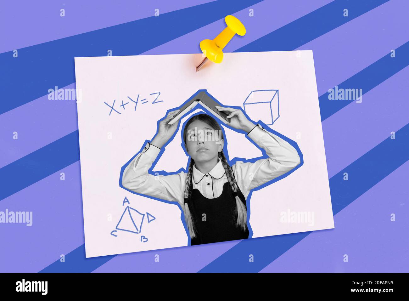 Artwork collage of mini black white effect girl painted pinned paper ...