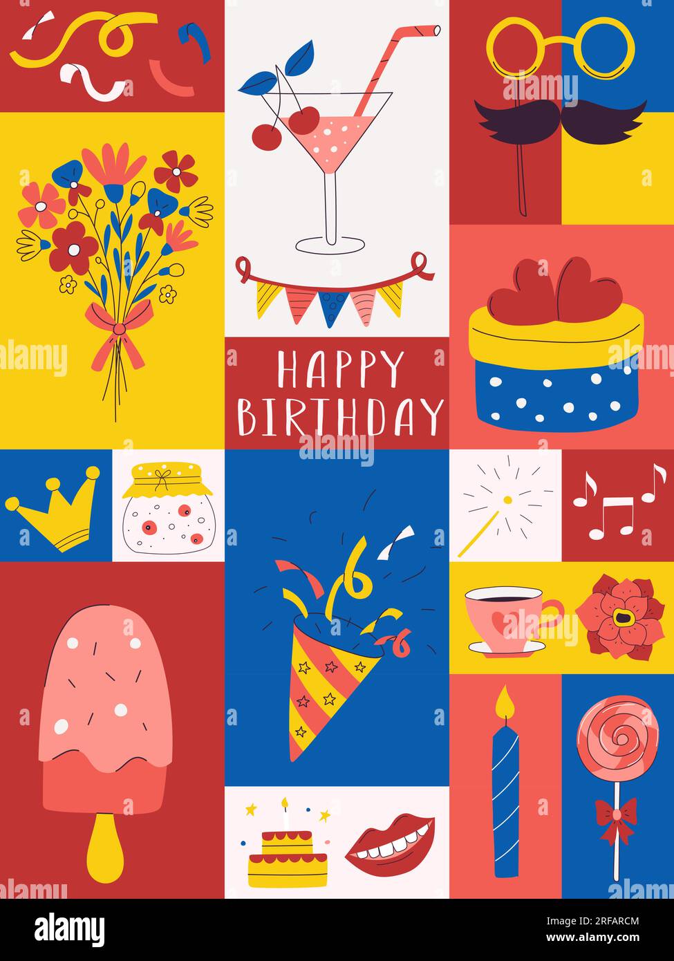 Happy Birthday card. Colorful poster with bright decorative elements ...
