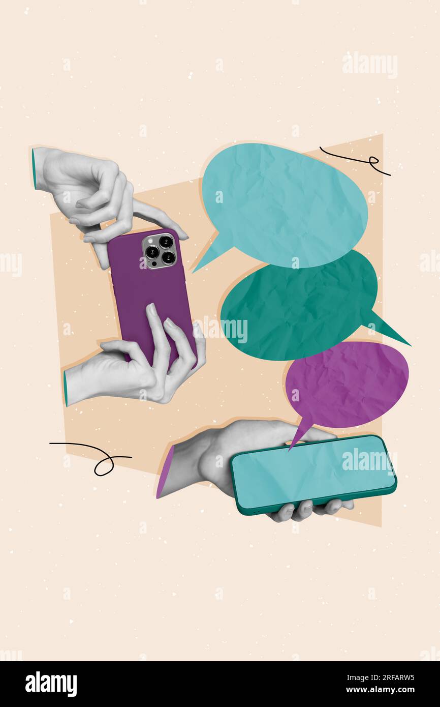 Vertical picture image collage hold smartphones two digital modern ...