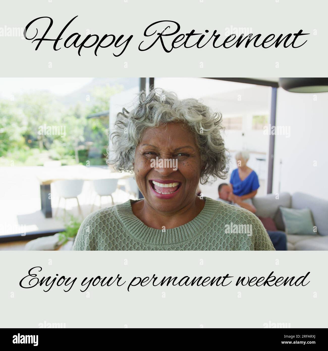 Composition of happy retirement text over senior biracial woman smiling ...
