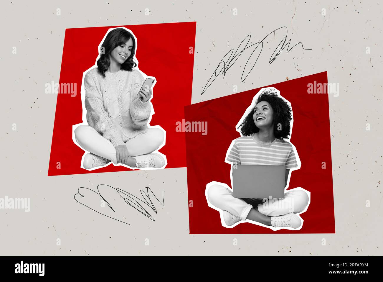 Composite collage image of young funny girls friendship colleagues ...