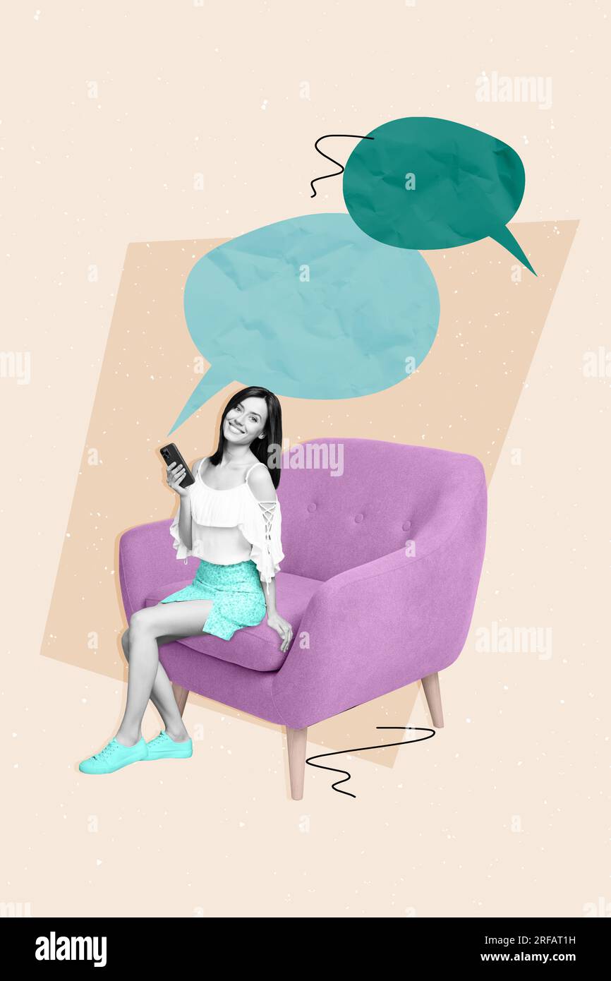 Collage picture of young relaxed woman sitting comfortable expensive ...