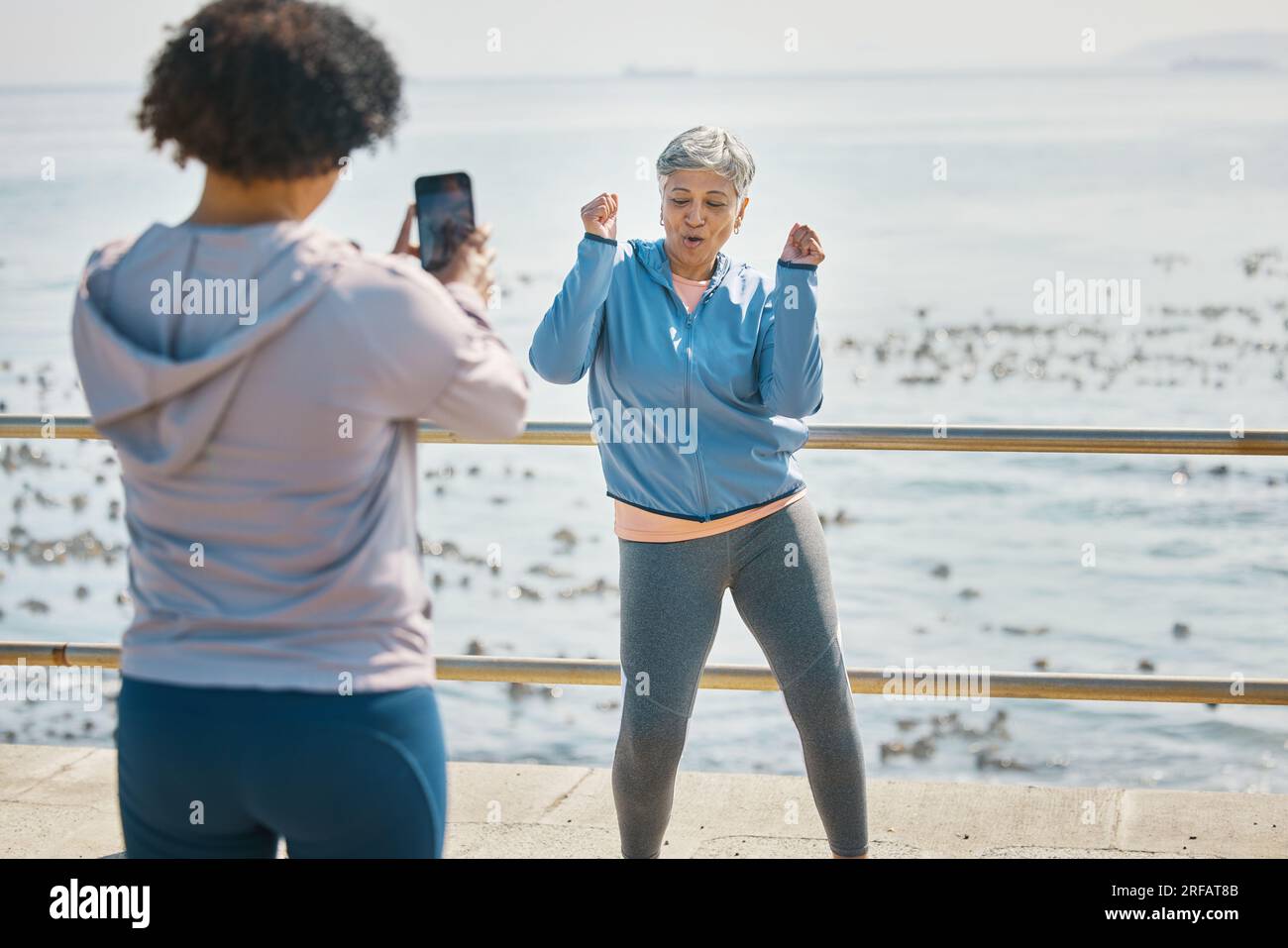 Senior woman, dancing and influencer outdoor for fitness, fun energy ...