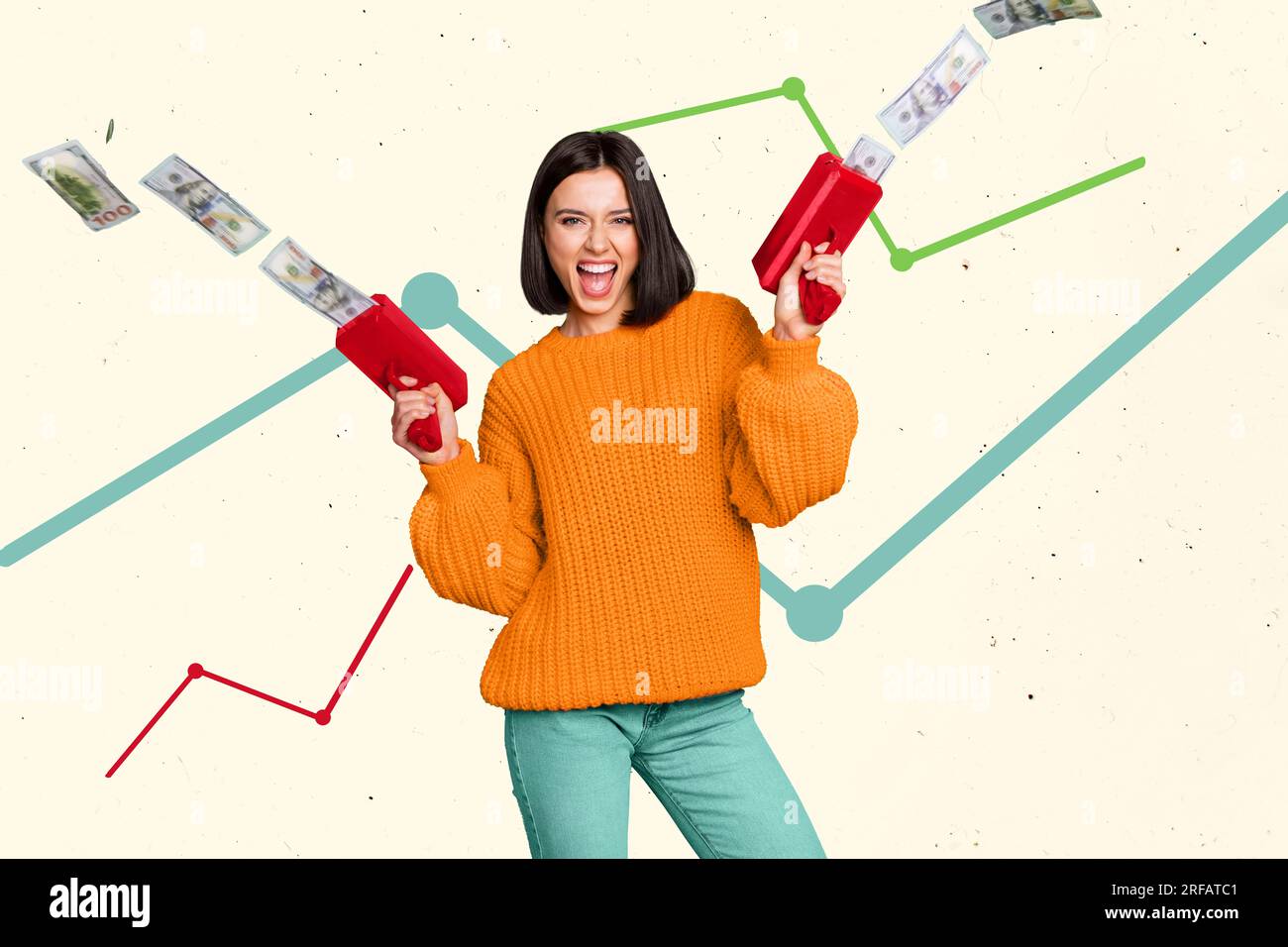 Successful business lady shooting money gun crazy make more profit ...