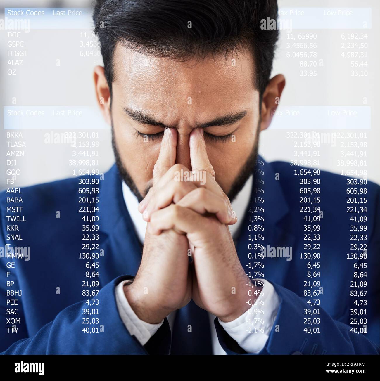 Trading, sad and hologram with man and stock market crash for finance ...