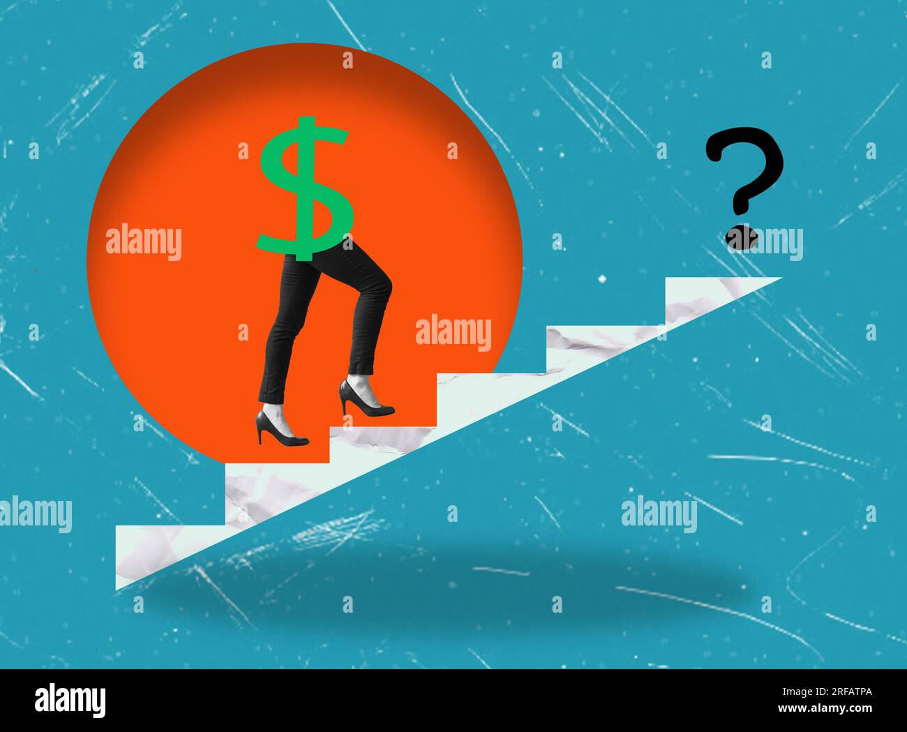 Modern art collage featuring a girl and a dollar sign climbing a ladder ...