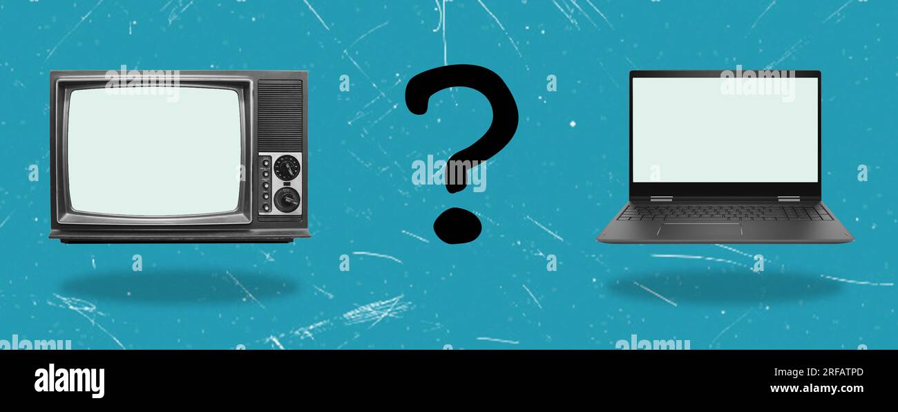 Art collage, TV or laptop with a question mark in the middle. The ...