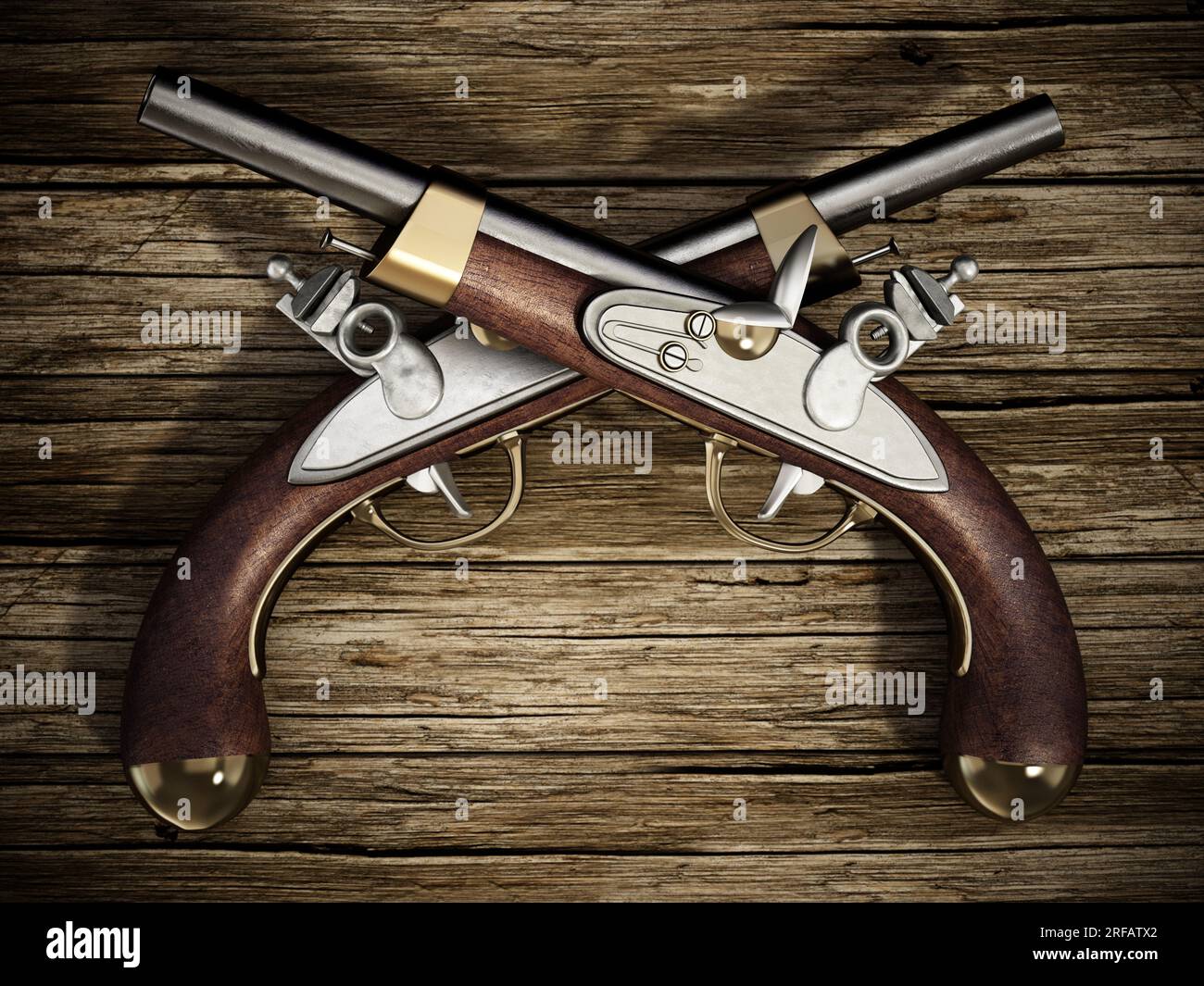 Crossed flintlock pistols on old wooden background. 3D illustration ...