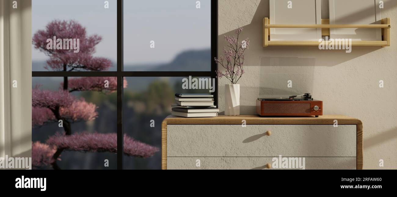 Close-up image of a vintage record player, books, and a flower vase on ...