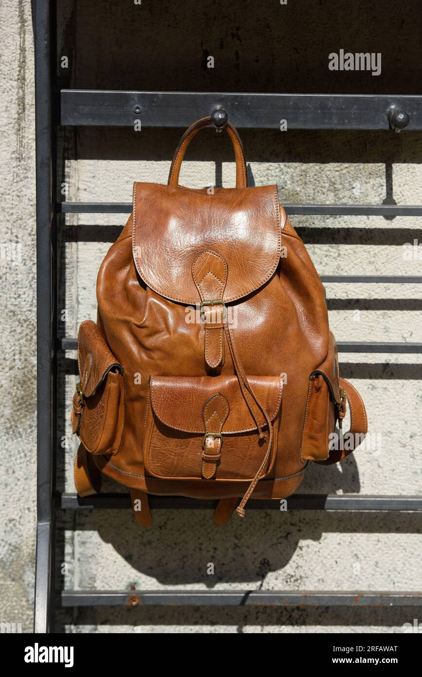 Leather amber backpack. backpack for travelers and students Stock Photo ...