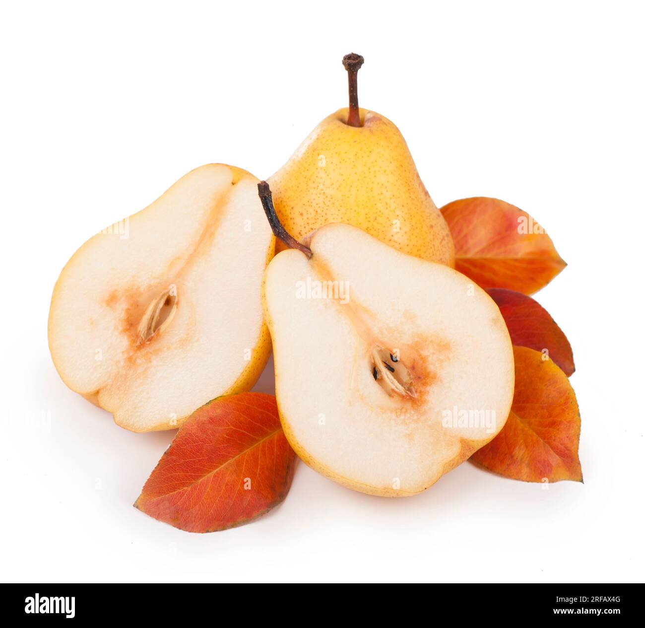 Fresh ripe fruits and slices of pears with leaves isolated on white ...