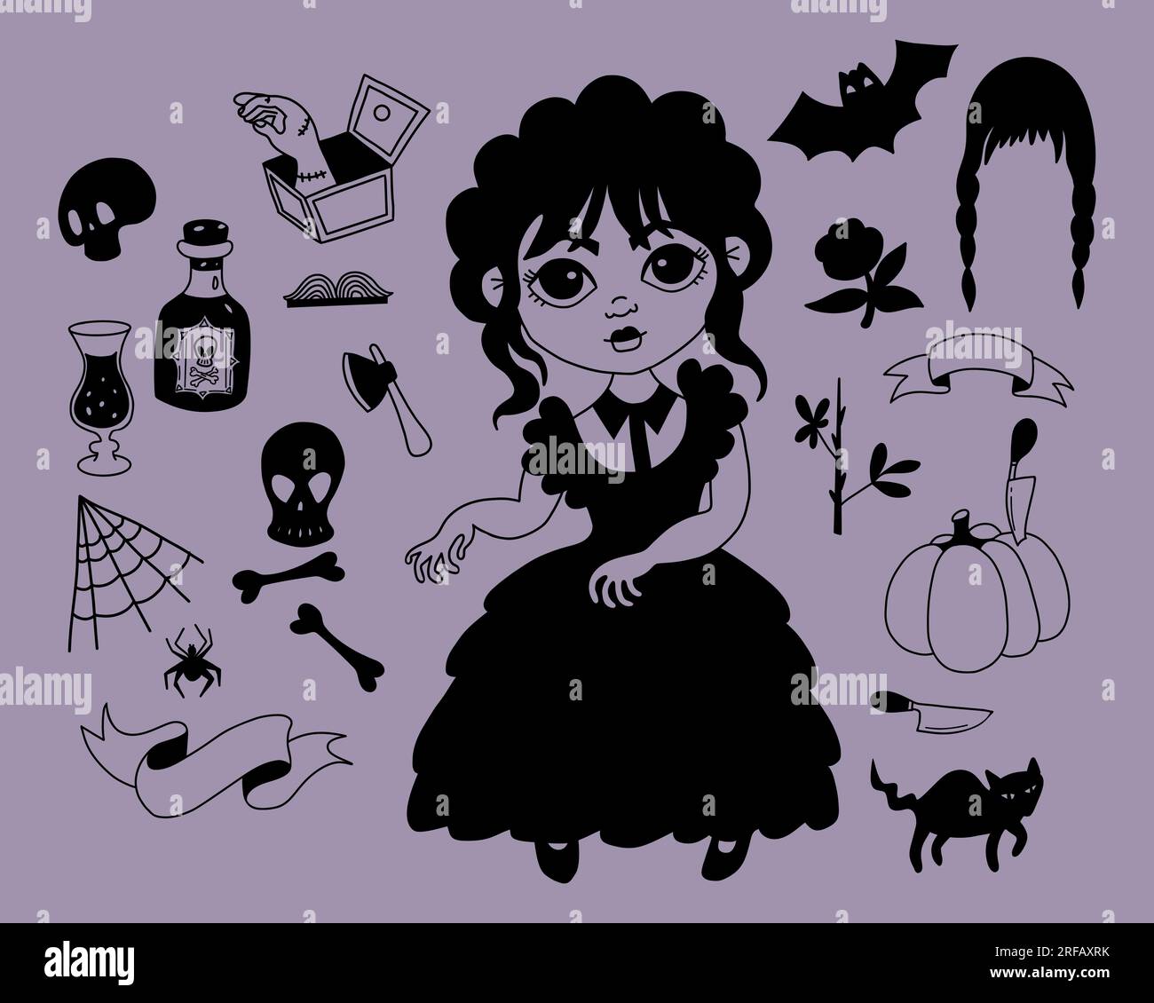 Gothic Halloween doodles. Dancing pretty girl, bat, rum, skull, hand ...