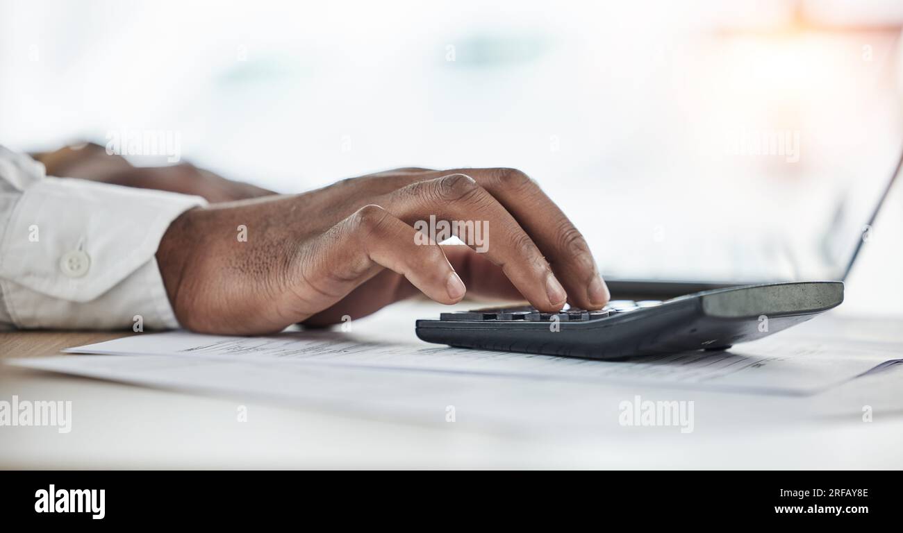 Business person, hands and calculator, taxes management planning ...