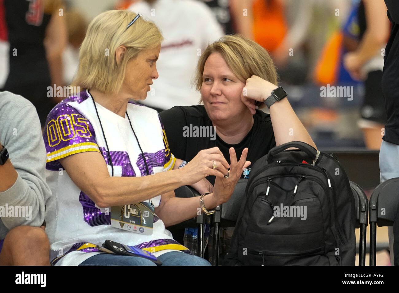 LSU women's head basketball coach Kim Mulkey, left, speaks with NCAA ...