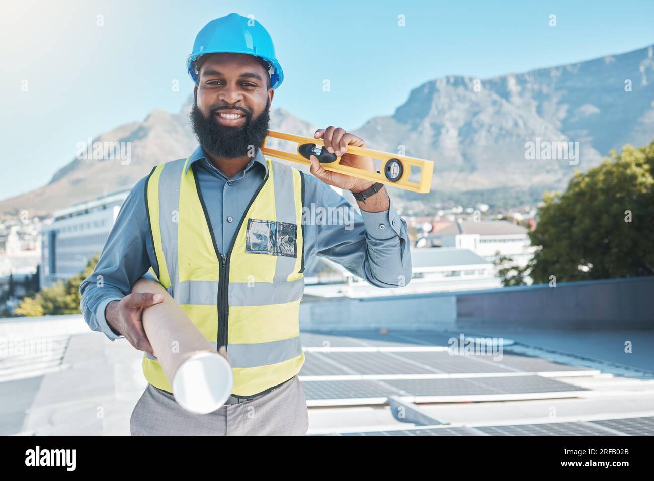 Man, portrait and architecture blueprint for solar energy, construction ...