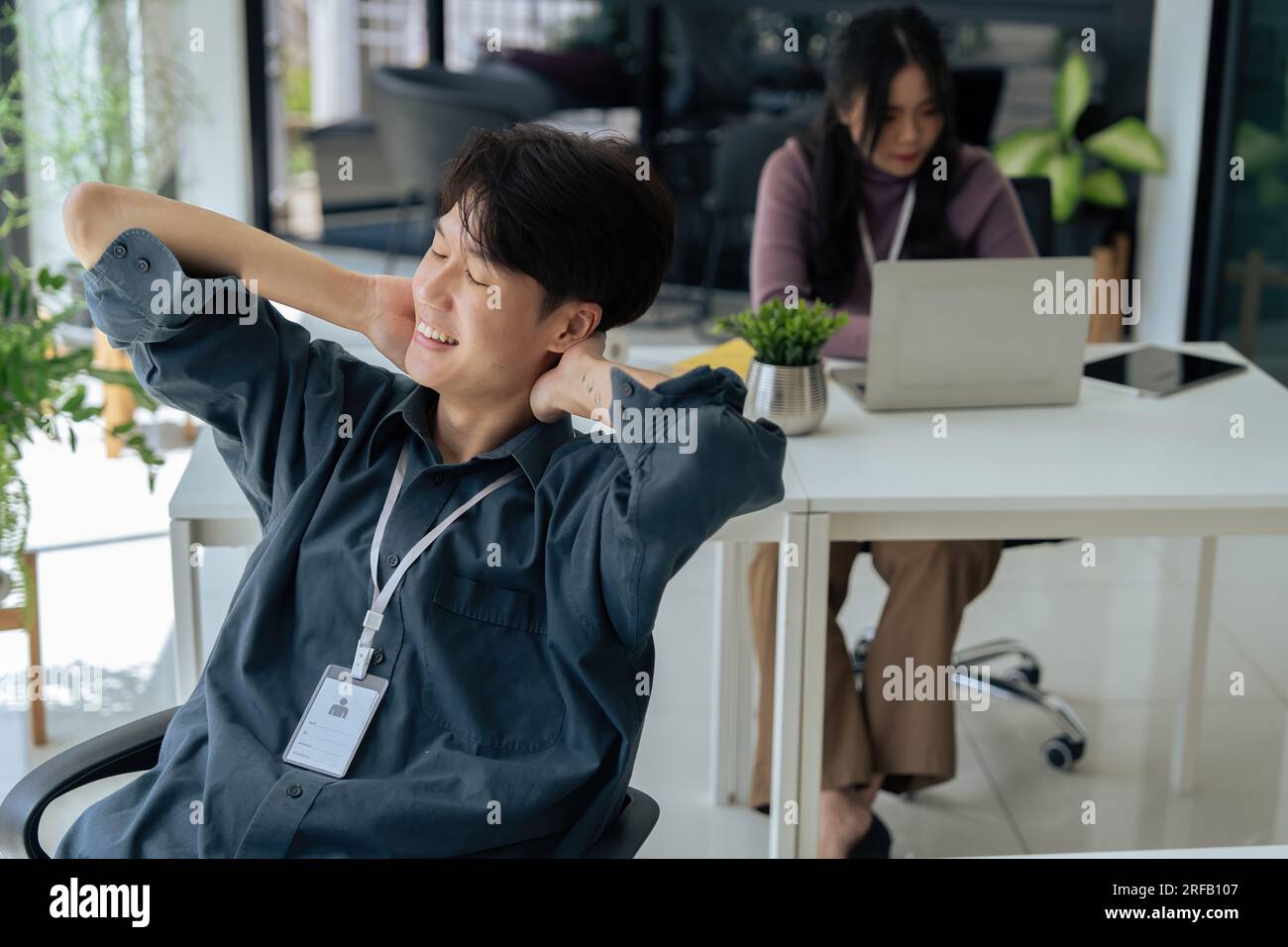 Happy business man stretching to relax from project. Worker, smile and ...