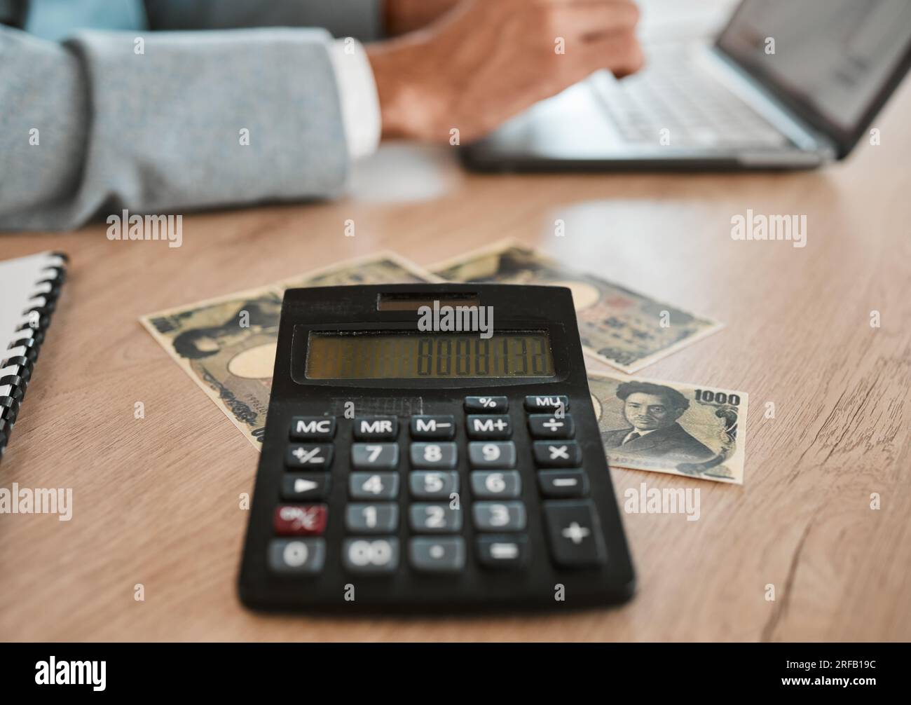 Calculator, money and hands of accountant with laptop for budget ...