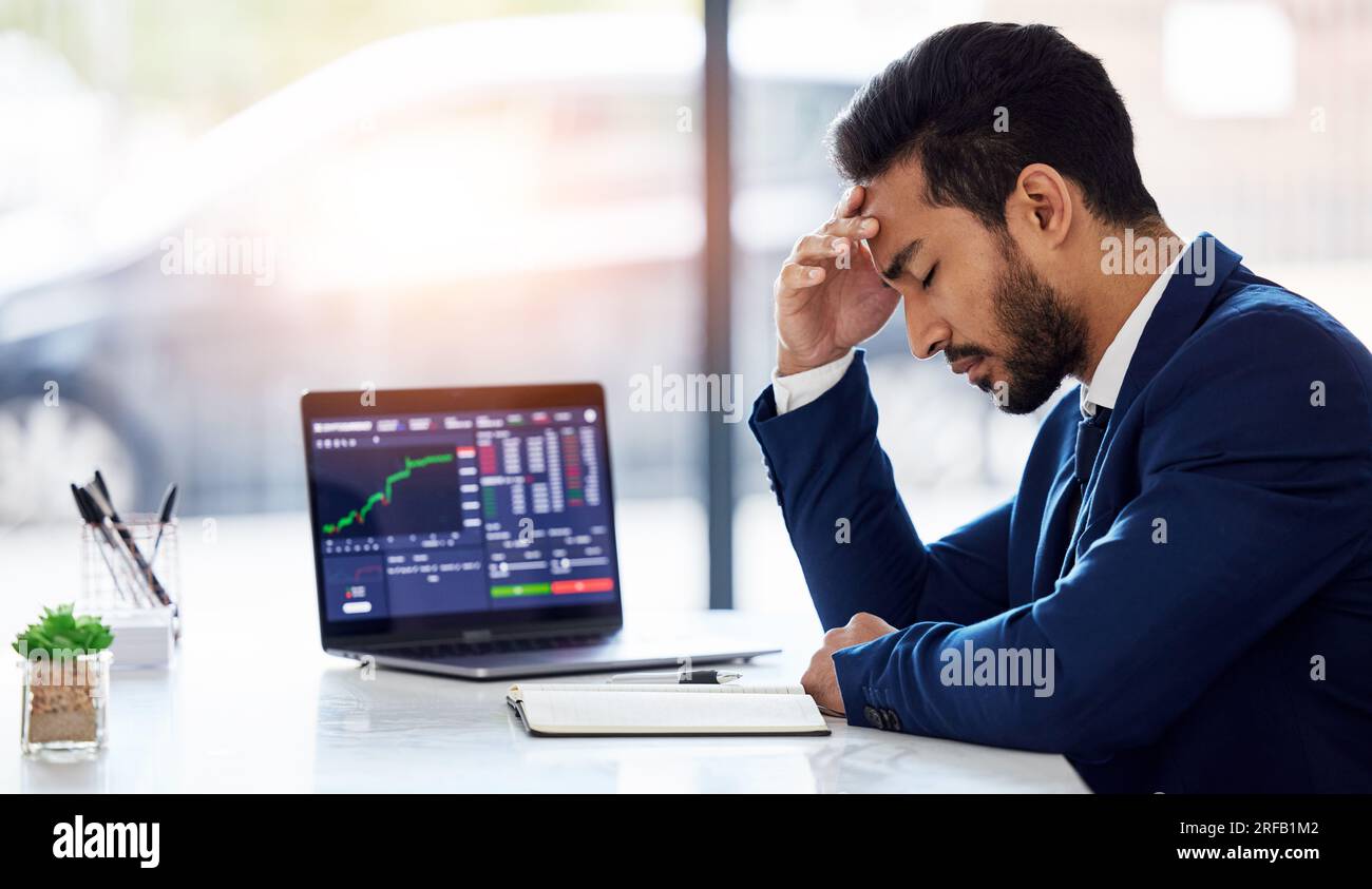 Inflation, sad and laptop with man and stock market crash for finance ...