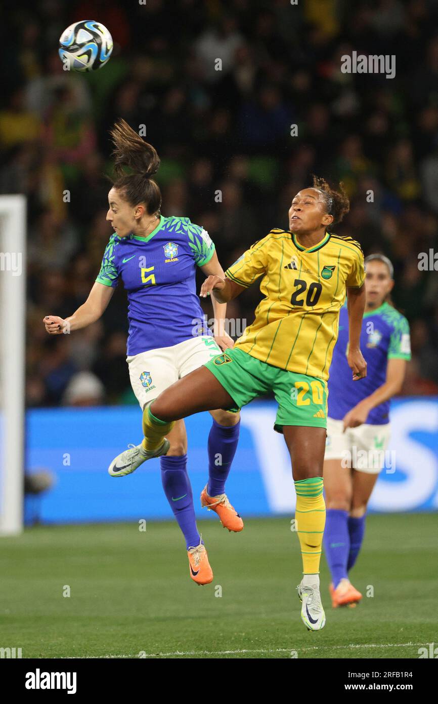 Brazil's Luana, left, heads the ball with Jamaica's Atlanta Primus ...