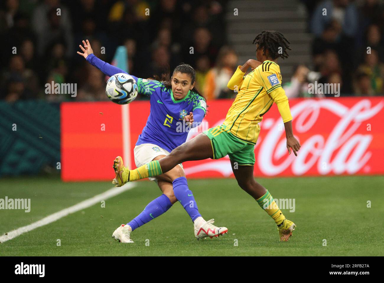 Brazil's Antonia, left, compete for controls the ball with Jamaica's ...