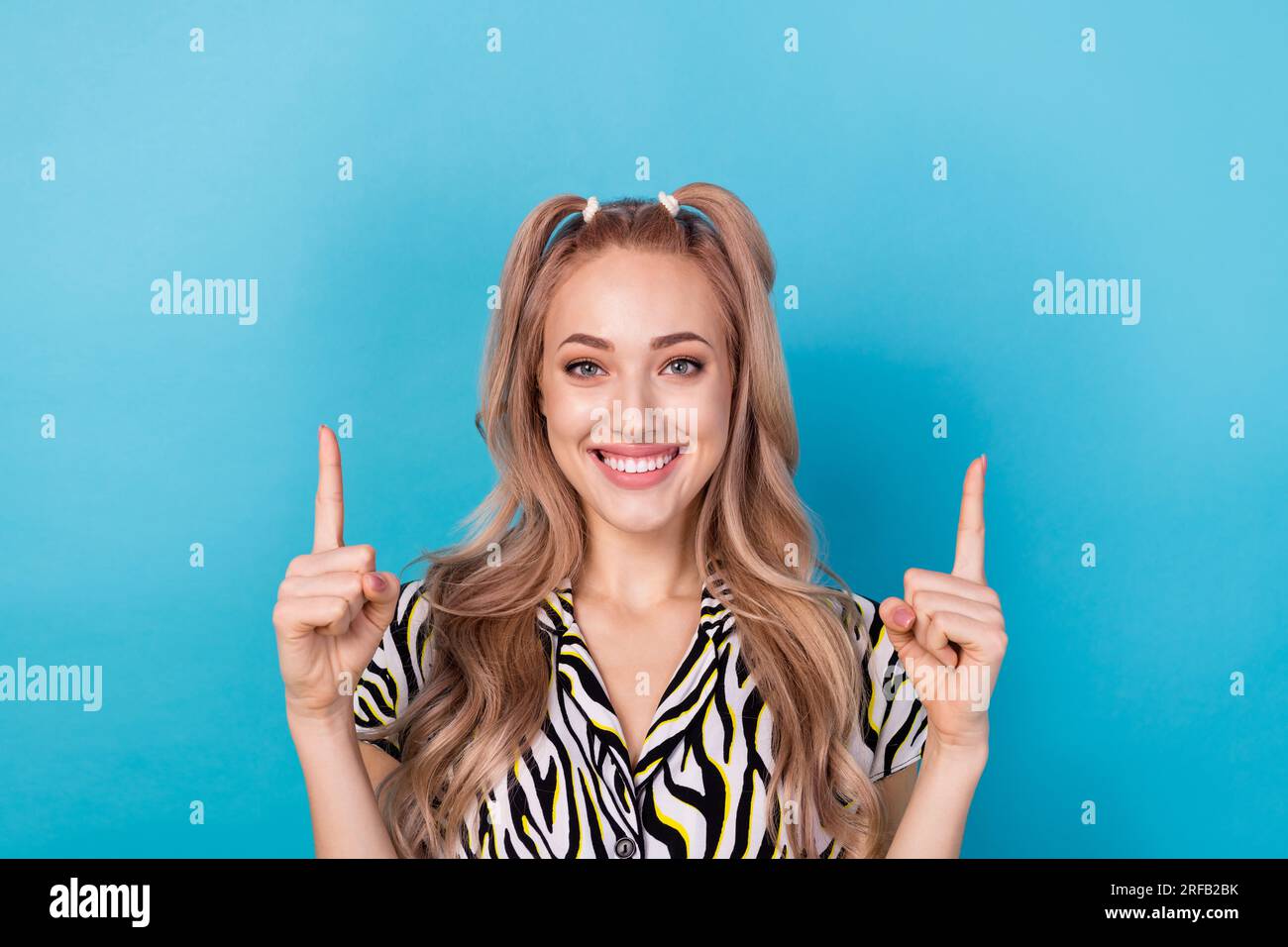 Portrait of pretty positive lady toothy smile indicate fingers up above ...