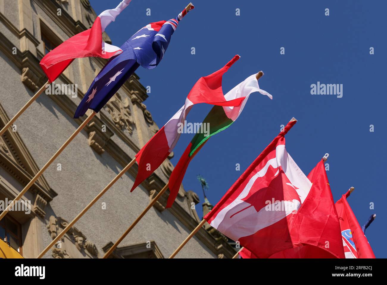 The flags of the countries participating in the conference fluttering ...