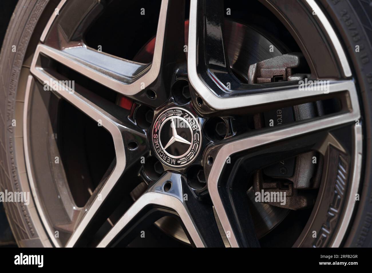 Barcelona, Spain, May 8, 2023: Close-up of the Mercedes logo on the ...