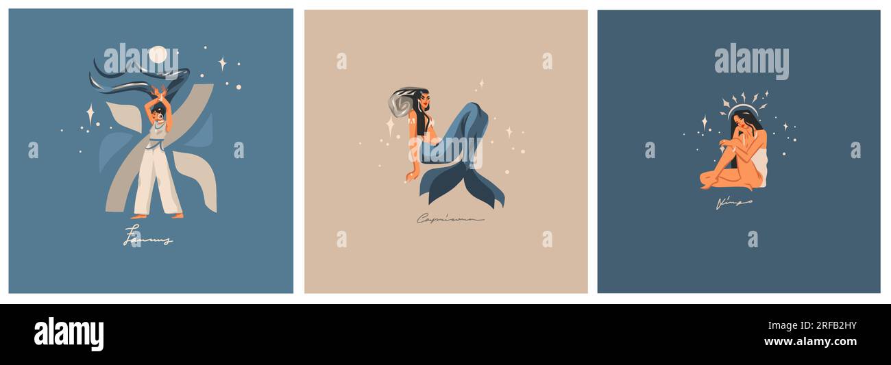 Hand drawn vector abstract graphic illustrations with zodiac ...