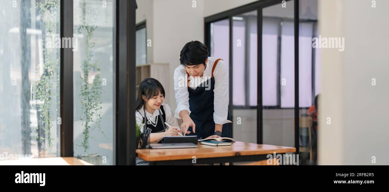 Startup successful small business owner woman and man with business ...