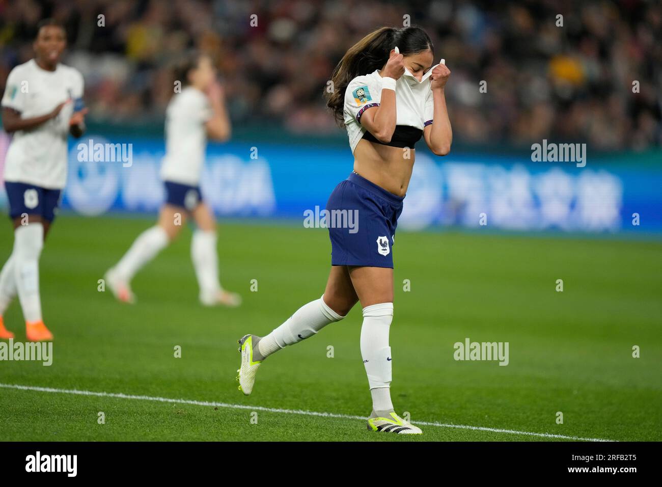 France's Selma Bacha reacts after missing a scoring chance during the ...