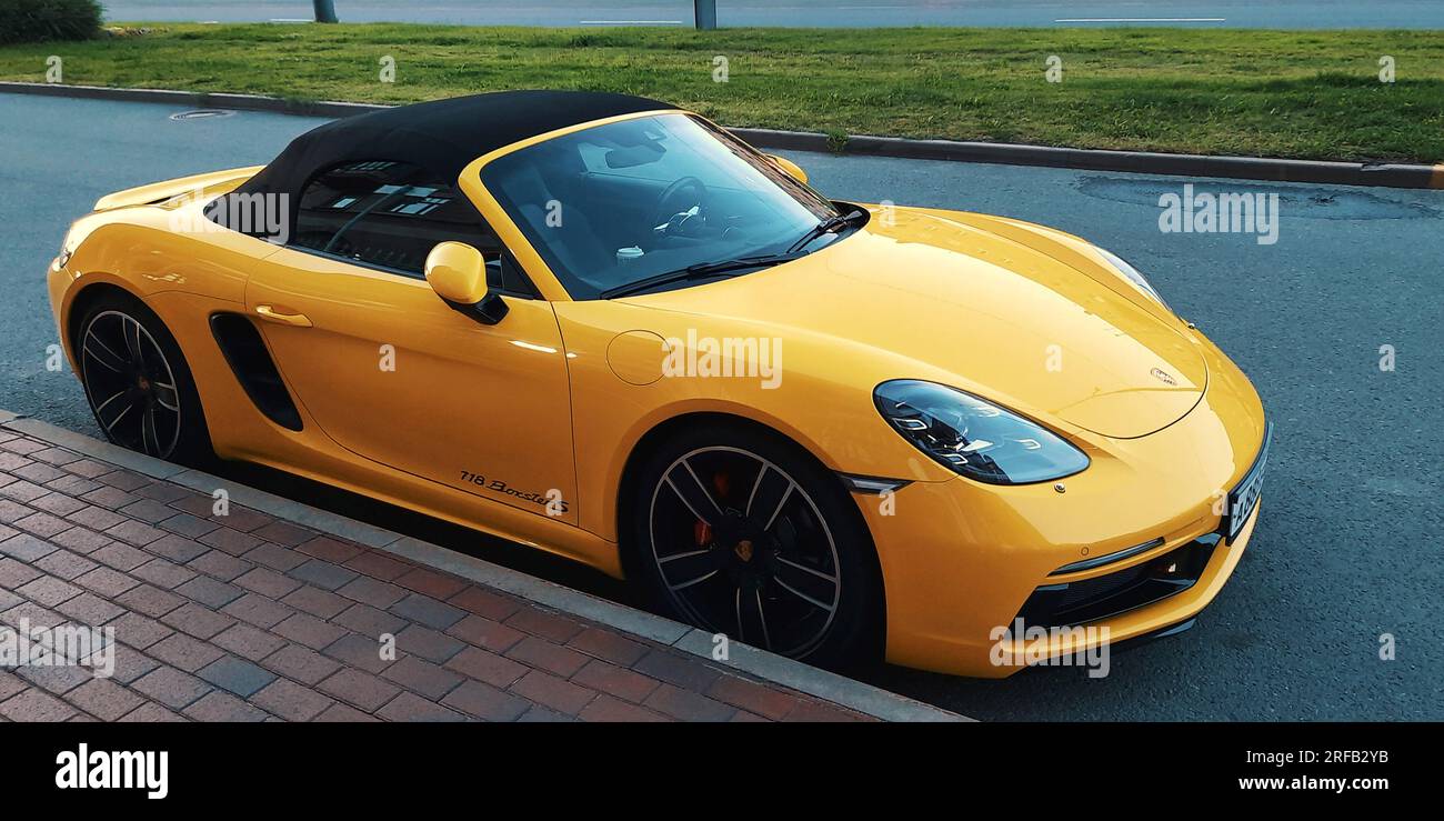 Saint Petersburg, Russia - July 30, 2023: Yellow car Porsche 718 ...