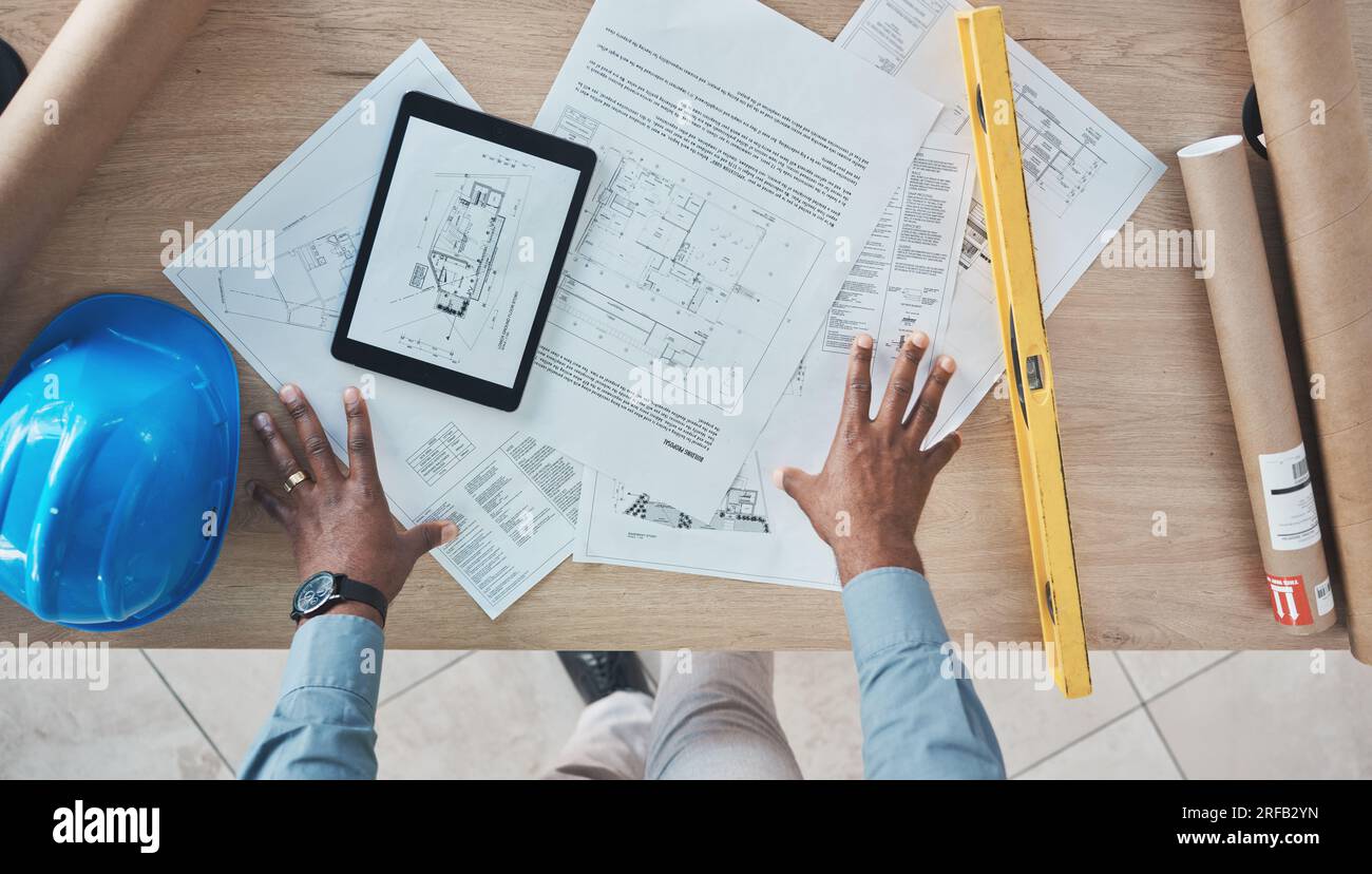 Architecture, person hands and blueprint planning, construction design ...