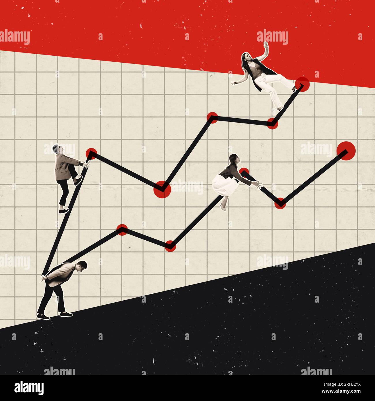 Contemporary art collage. Motivated employees climbing upwards arrows ...