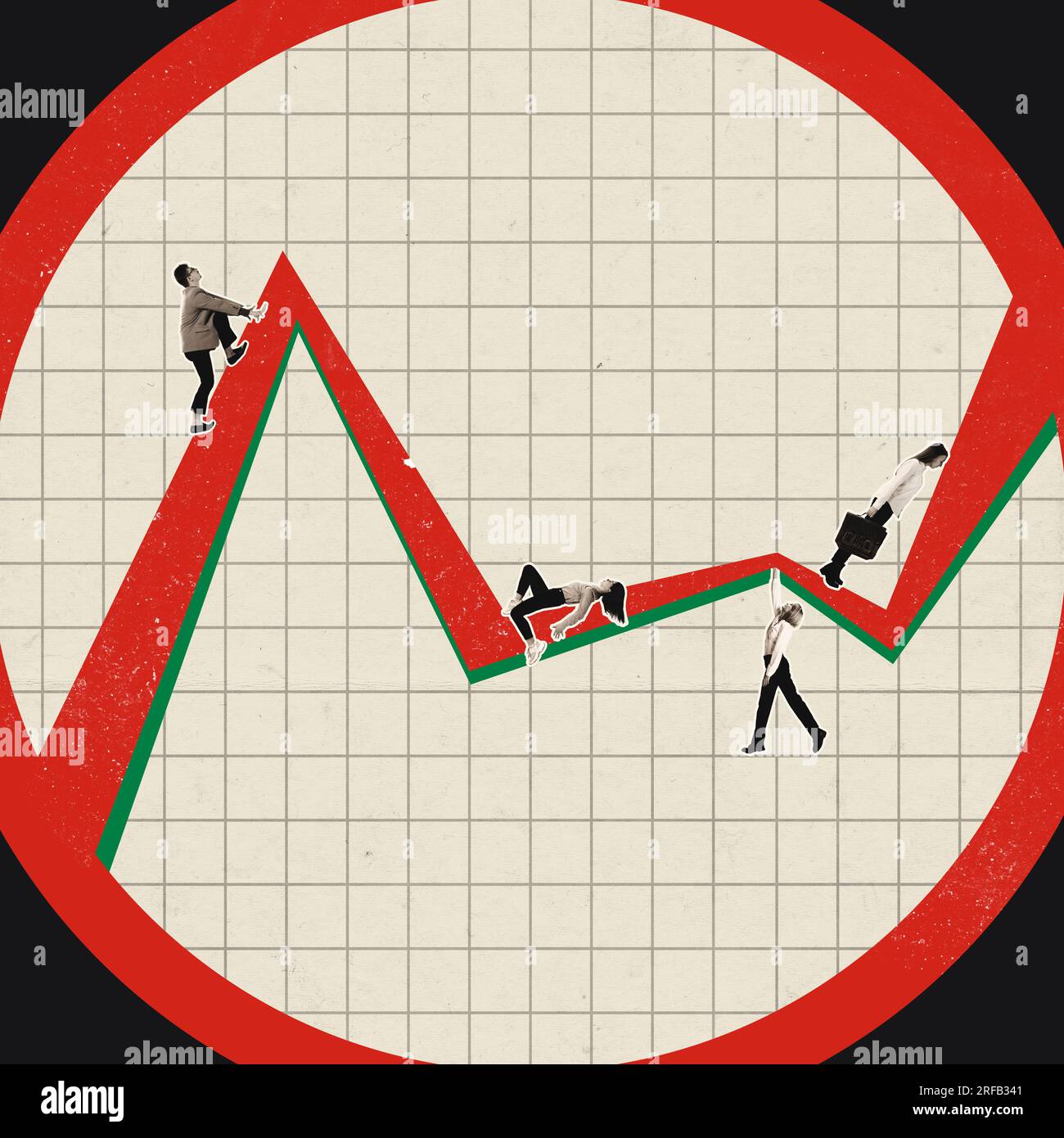 Contemporary artwork. On big graphic in big circle people, businessmen ...